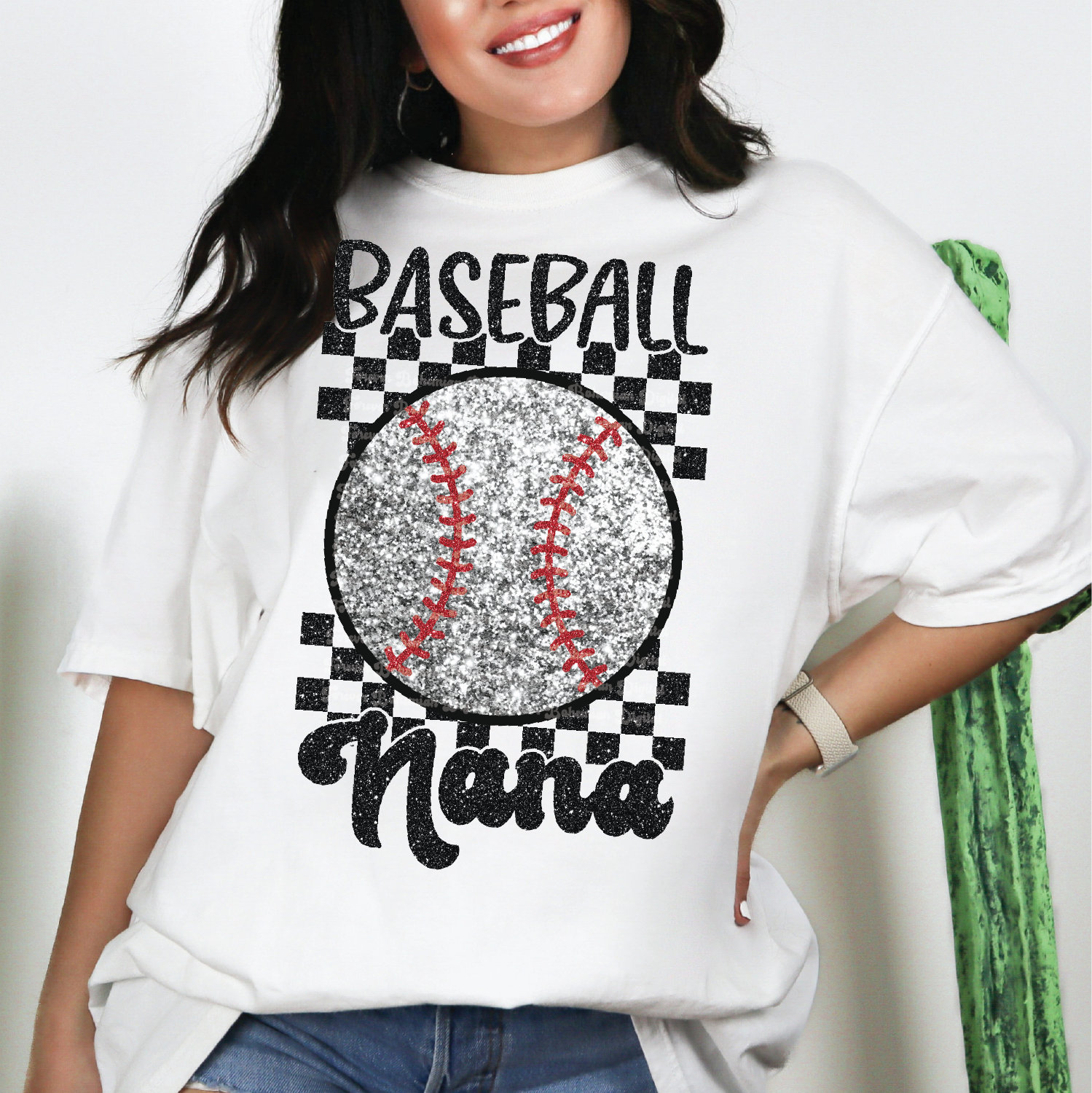 Sparkly Checkered Baseball Nana PNG, Faux Glitter Baseball PNG ...