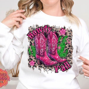Sparkly Pink Howdy Y'all Cowgirl Boots Shirt Design PNG 300 DPI Leopard ...