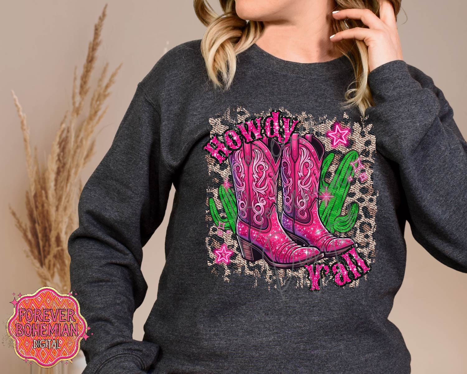 Sparkly Pink Howdy Y'all Cowgirl Boots Shirt Design PNG 300 DPI Leopard ...