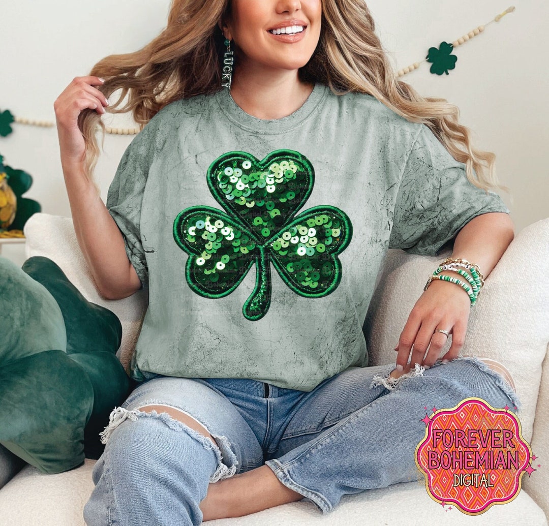 Faux Sequin Embroidered Shamrock PNG, St Patricks Day Shirt Design, Irish Green, Sublimation ...
