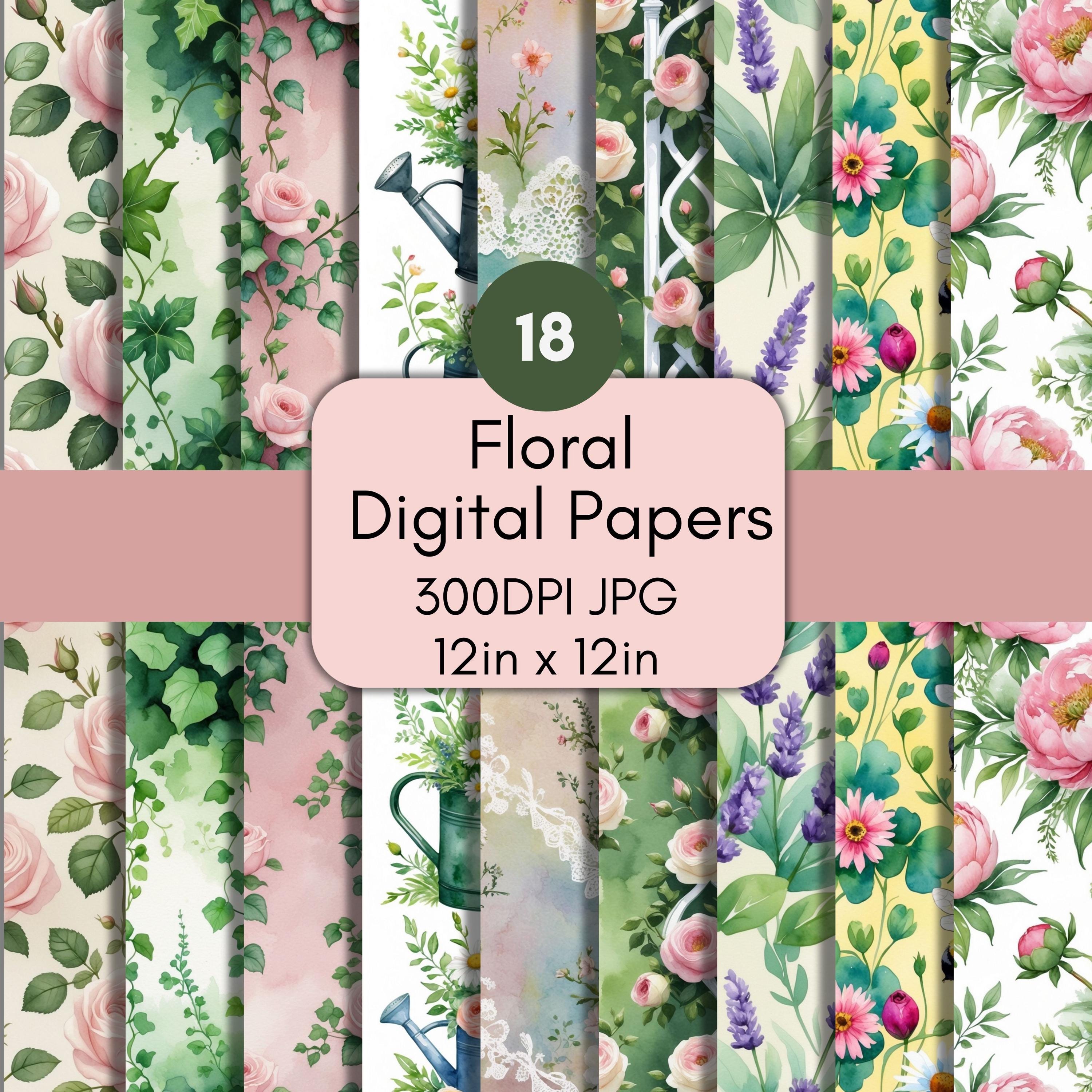18 Floral Digital Paper Pack, Watercolor Flowers, Bee Pattern, Vintage ...