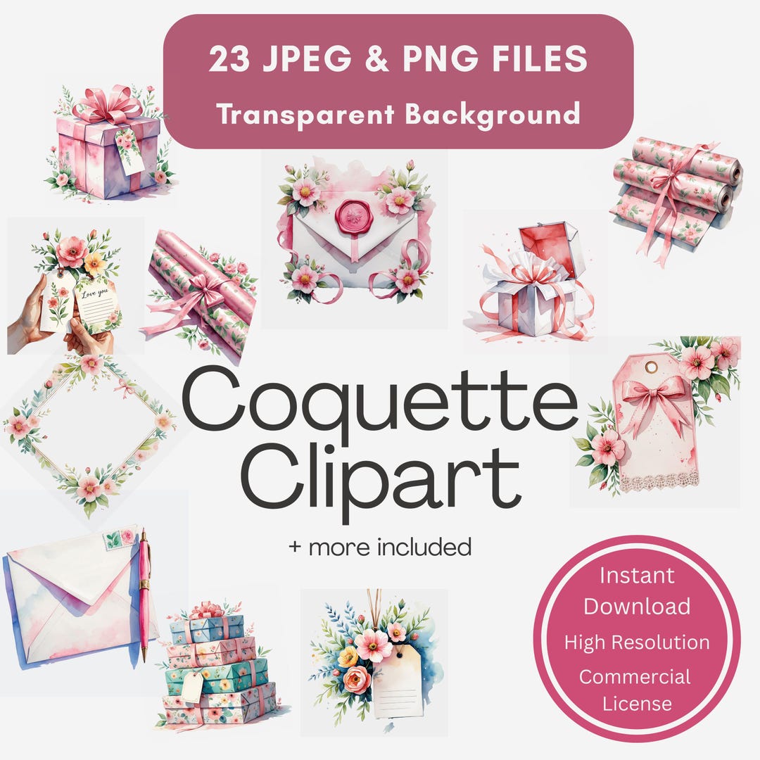 23 Coquette Gift Wrap Clipart, Floral PNG & JPG Set, Watercolor ...