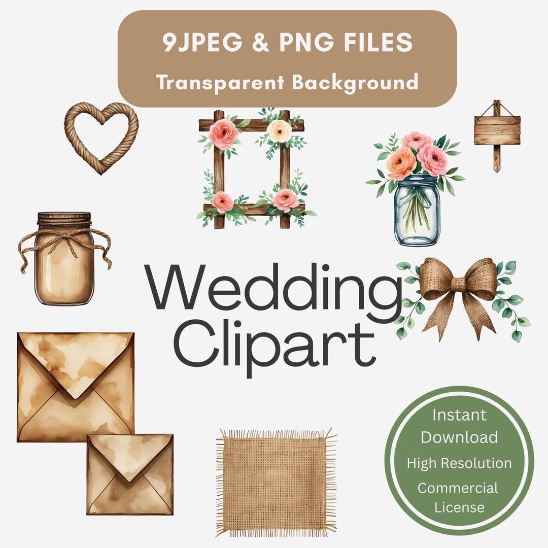 9 Rustic Wedding Clipart, Mason Jar PNG, Kraft Envelope Clip Art ...