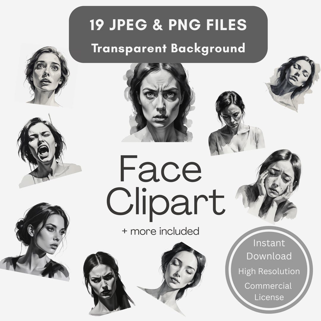 19 Emotional Face PNG, Black and White Portrait Clipart, Expression ...