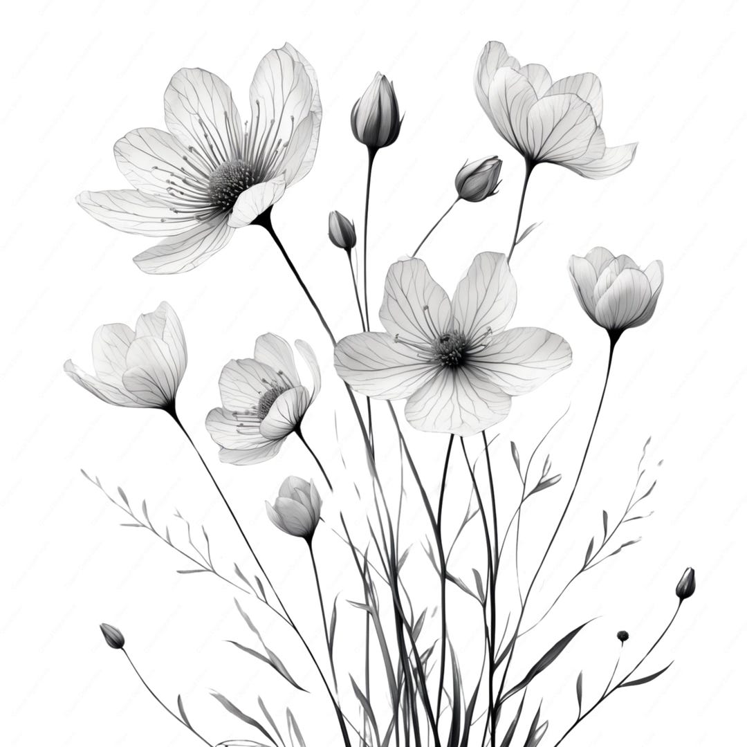 8 Wildflower Watercolor Clipart: Black & White Floral Designs (digital ...