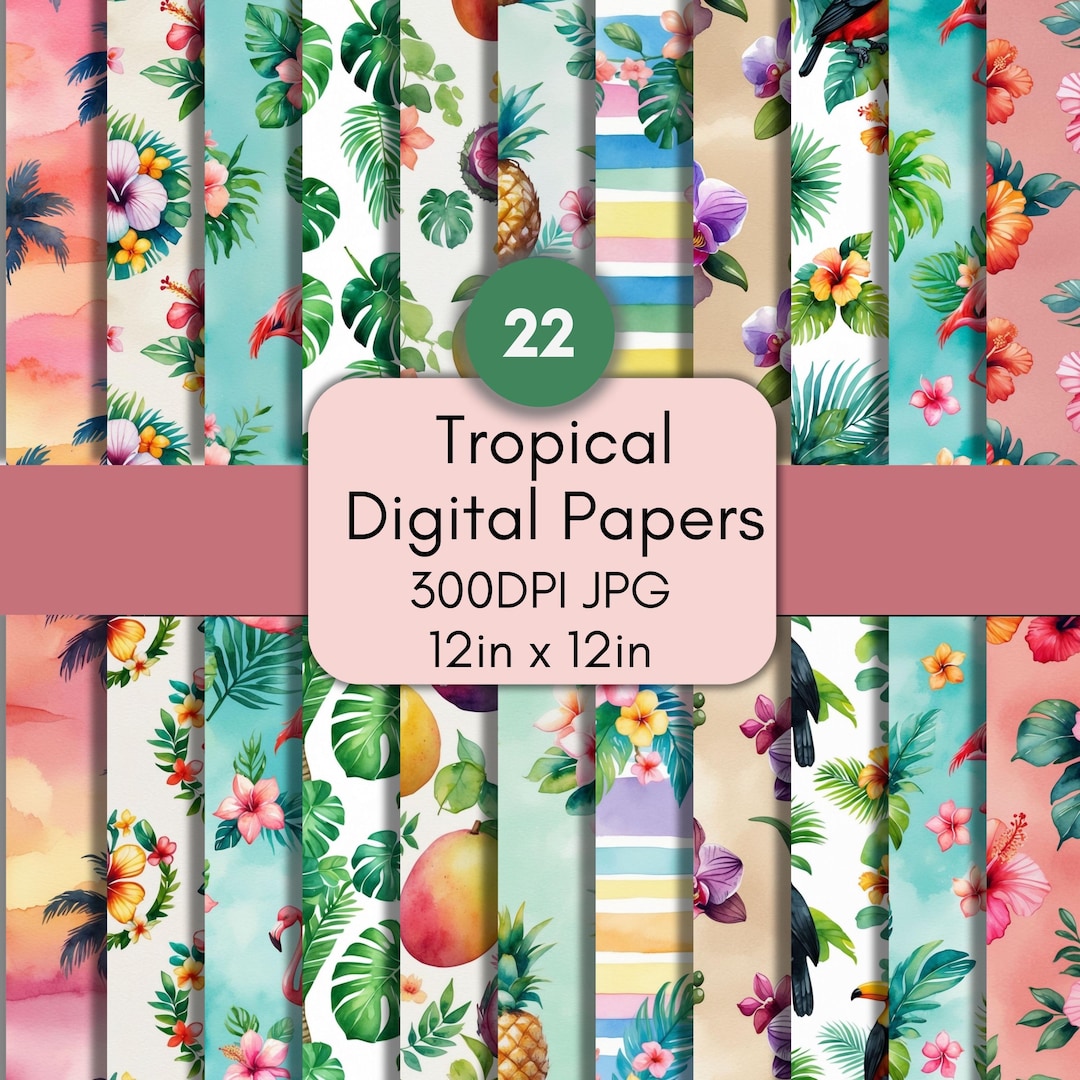 22 Tropical Digital Paper Pack, Watercolor Flamingo Clipart, Pineapple ...