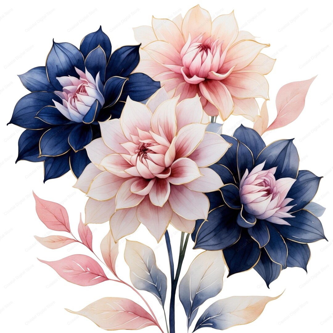 24 Navy and Blush Floral Clipart: Wedding Flower Graphics (PNG JPG) - Etsy