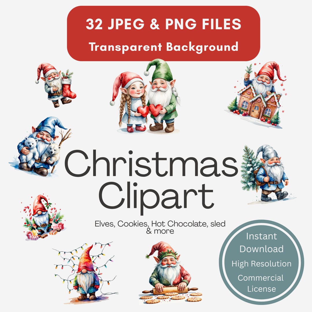 Christmas Gnome Clipart Set – 32 PNG & JPEG Files, Transparent ...