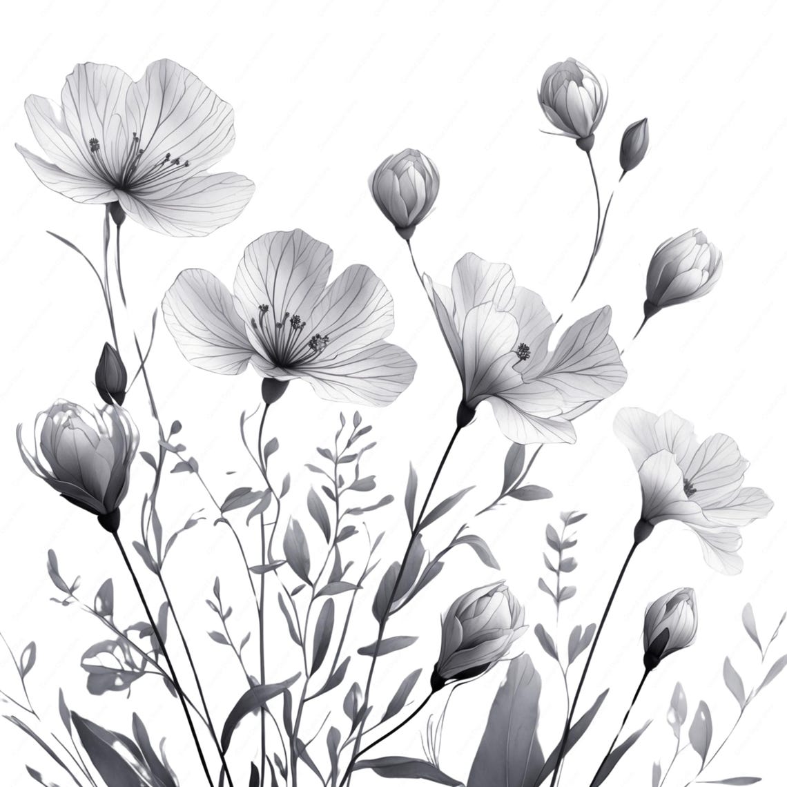 8 Wildflower Watercolor Clipart: Black & White Floral Designs (digital ...