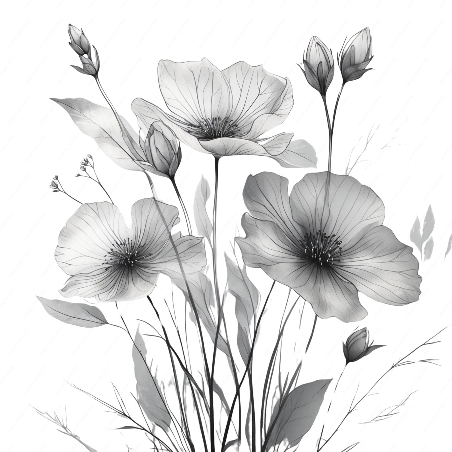 8 Wildflower Watercolor Clipart: Black & White Floral Designs (digital ...