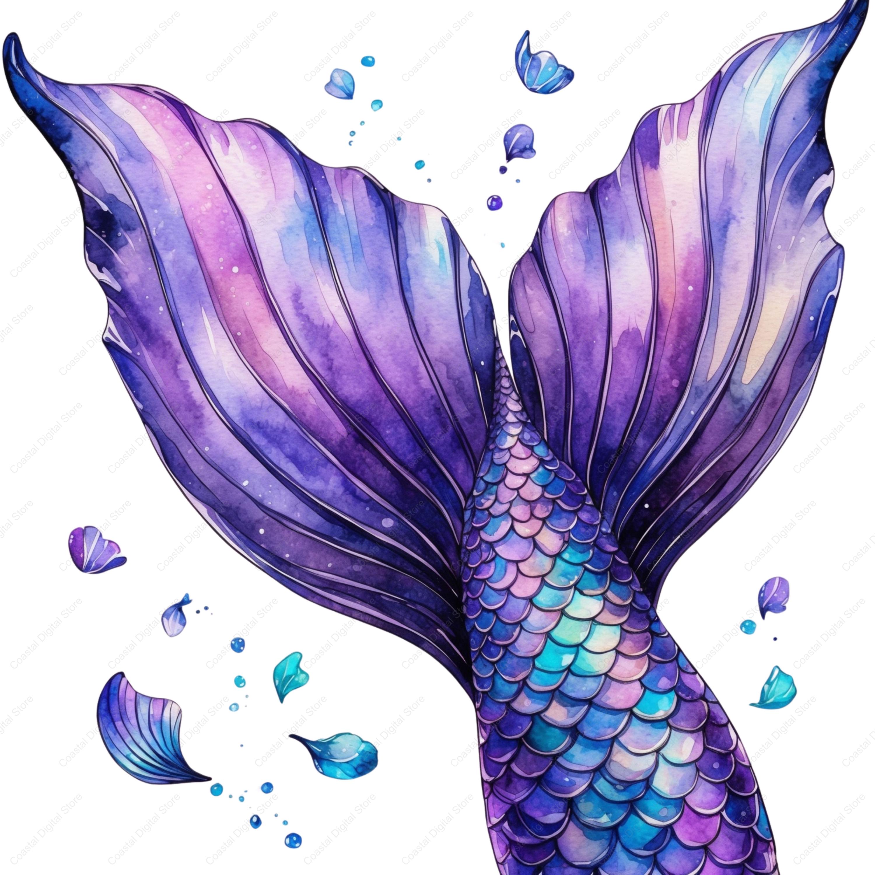 16 Mermaid Tail Clip Art, Watercolor Mermaid Tails, Fantasy PNG, Ocean ...