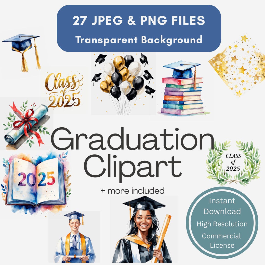27 Watercolor Graduation Clipart 2025: PNG Bundle for Party Decor ...