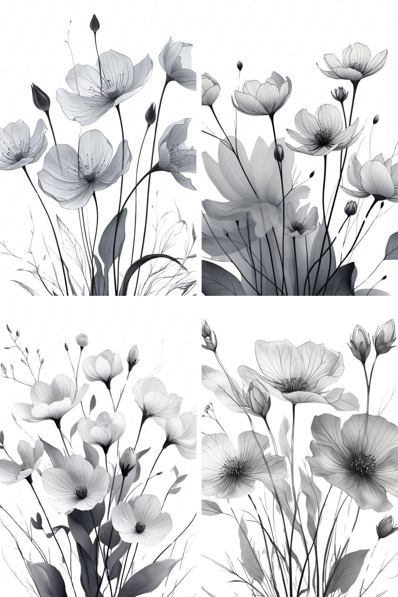 8 Wildflower Watercolor Clipart: Black & White Floral Designs (digital ...