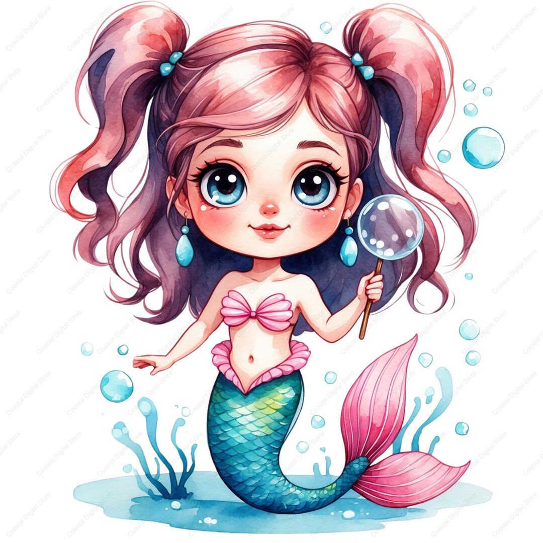 12 Cute Baby Mermaid Clipart, Kawaii Mermaid PNG, Under the Sea Digital ...