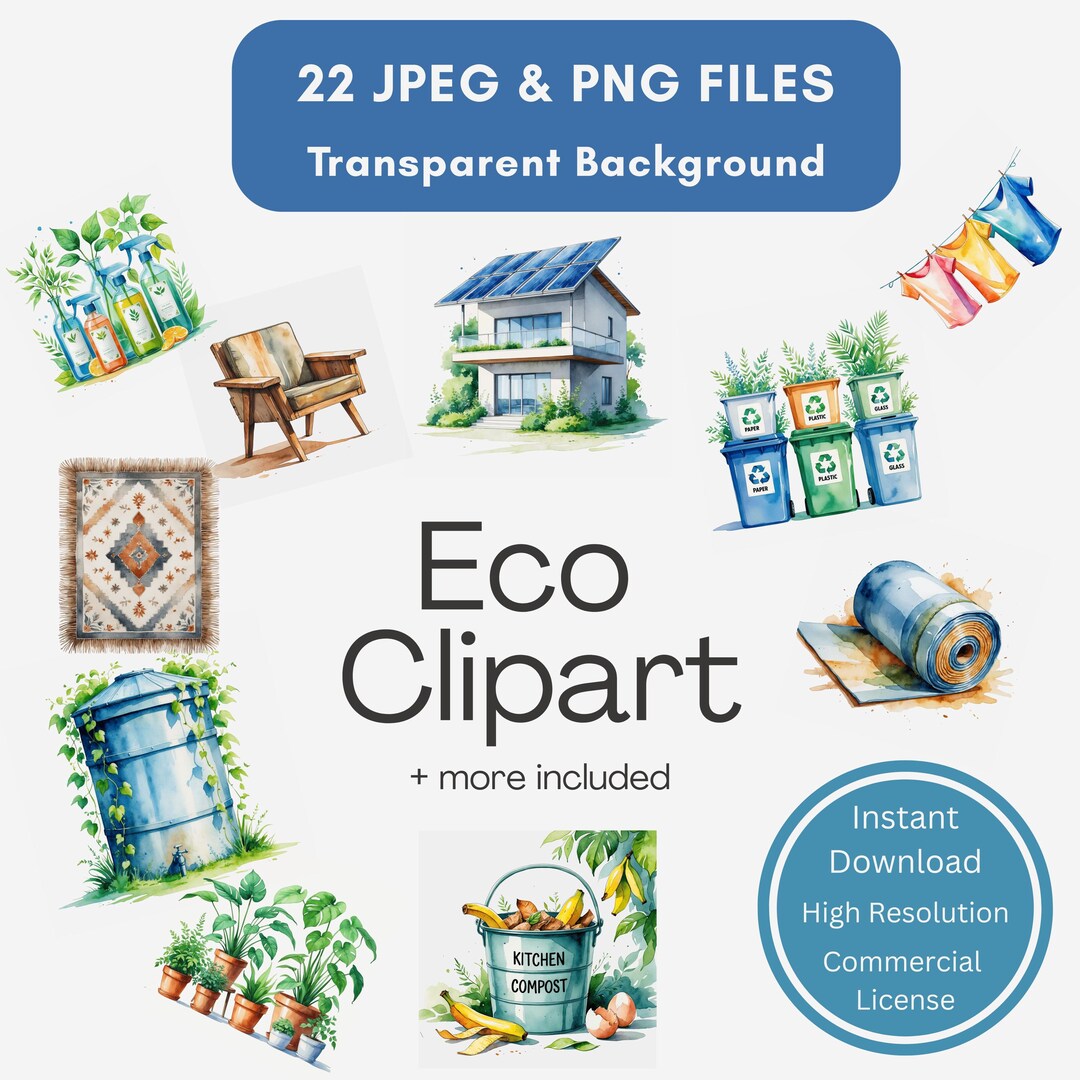 22 Eco Home Clipart – Watercolor Solar Homes, Plants, Rugs, Compost ...