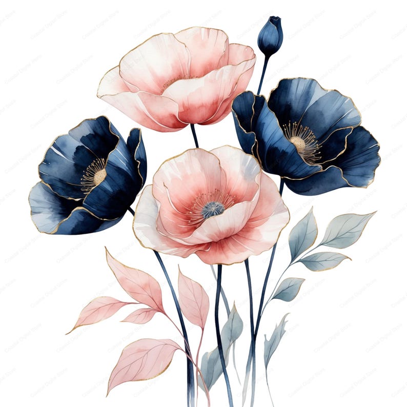 17 Navy and Blush Floral Clipart: Wedding Flower Graphics (PNG JPG) - Etsy
