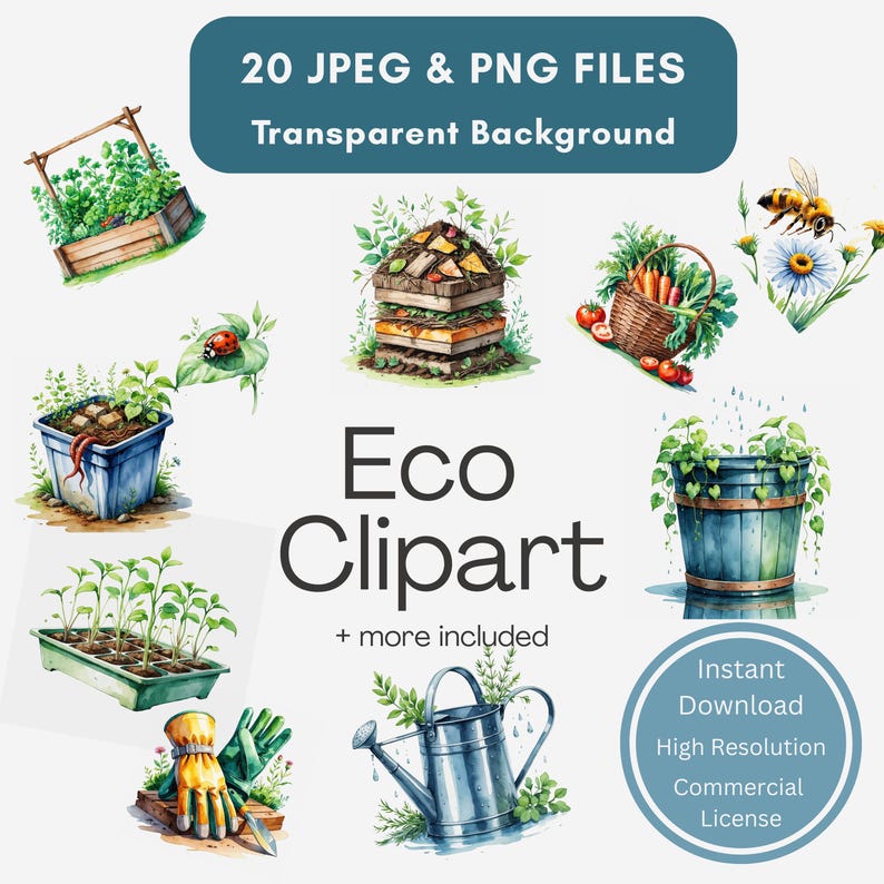 20 Garden Clipart – Watercolor Raised Beds, Veggie Baskets, Ladybugs ...