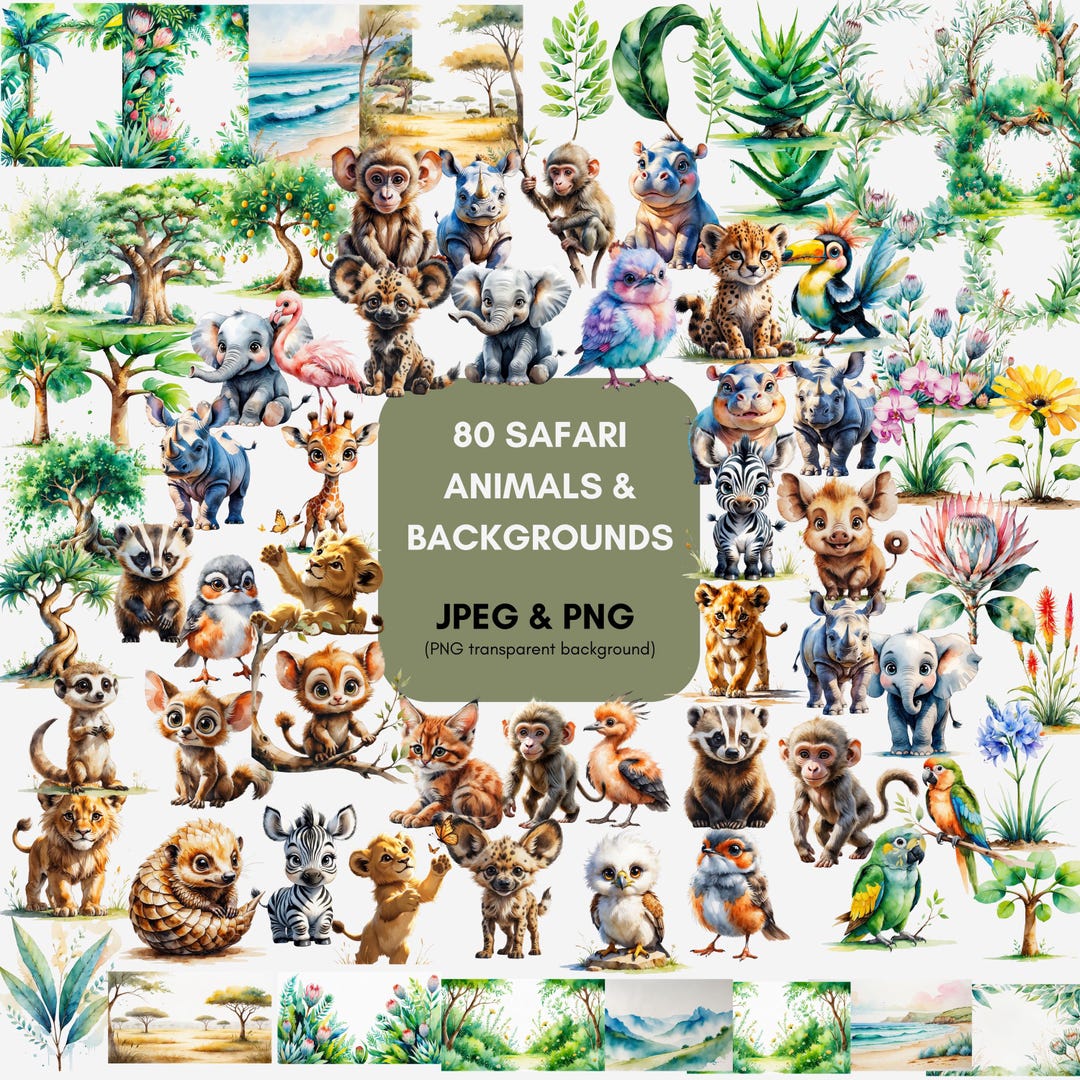 80 Watercolor Baby Safari Animals Bundle, Animal Clipart, Nursery Print ...