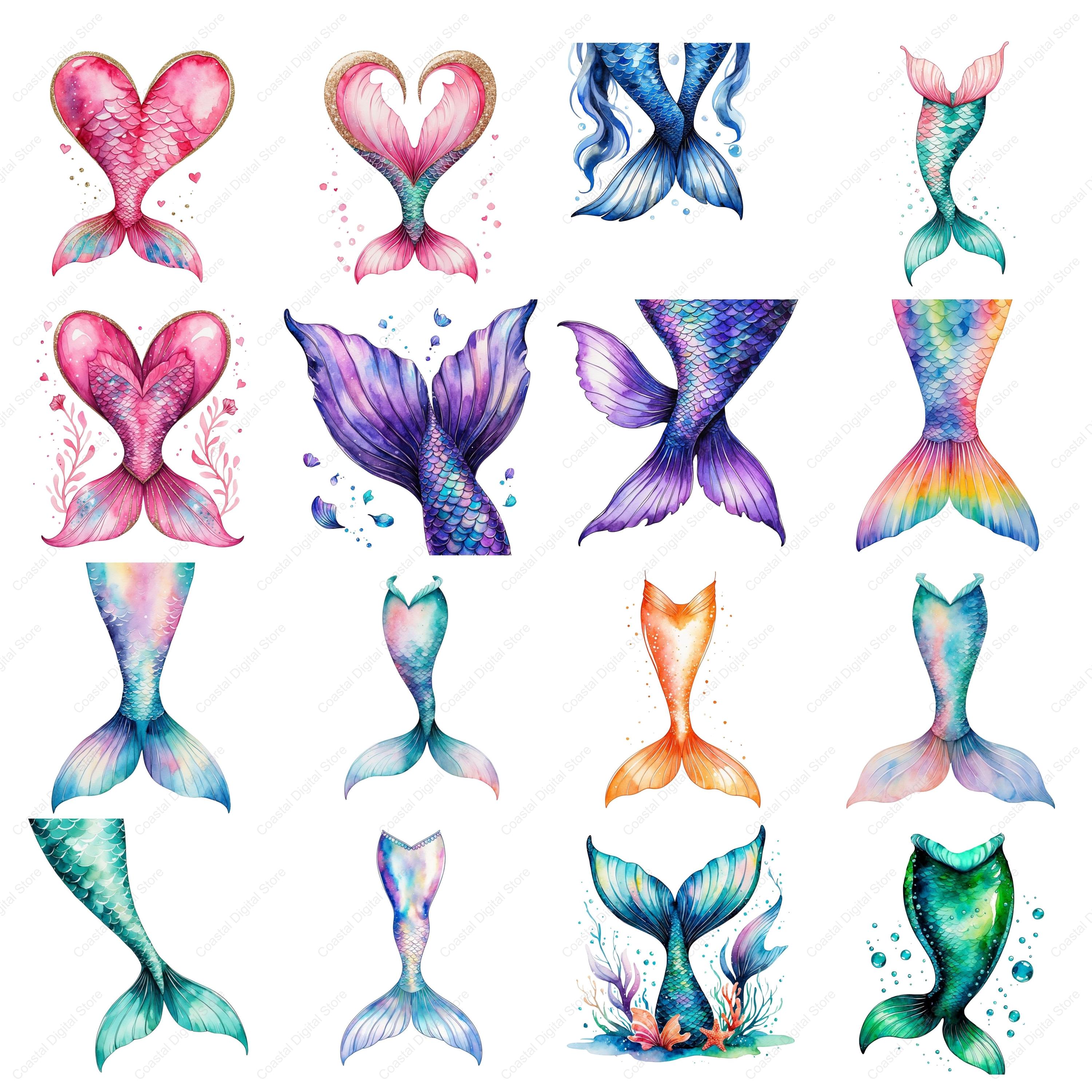 16 Watercolor Mermaid Tail Clip Art: Fantasy Ocean PNG (digital ...