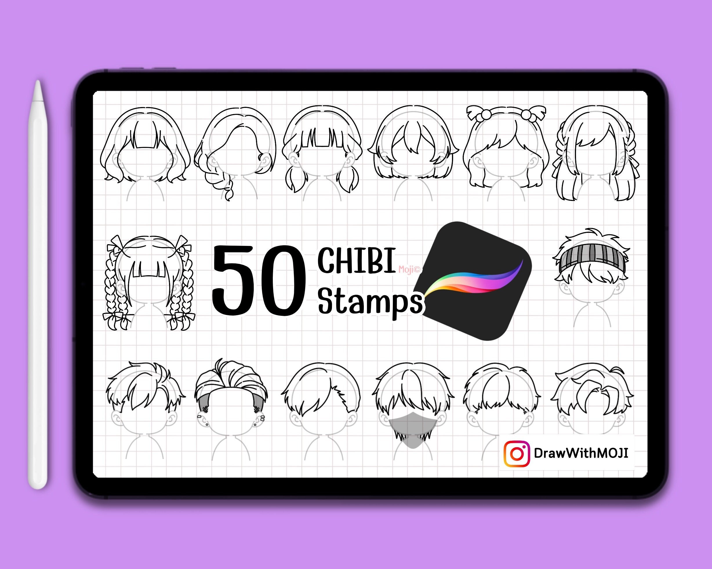 50 Chibi Hair Stamps for Procreate, Character, Anime, Figure, Brushes ...