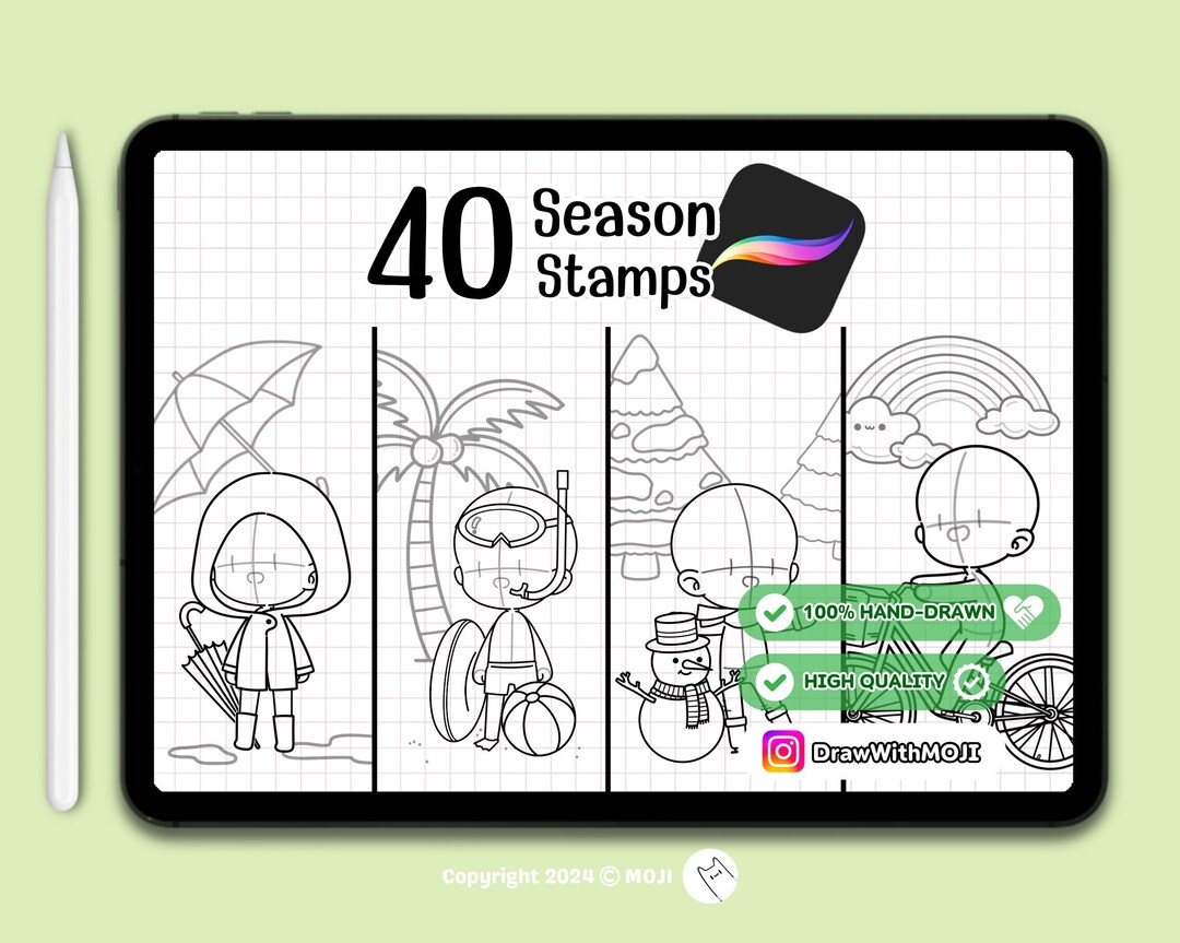 40 Chibi Four Seasons Stamps for Procreate (summer, Rainy, Winter and ...