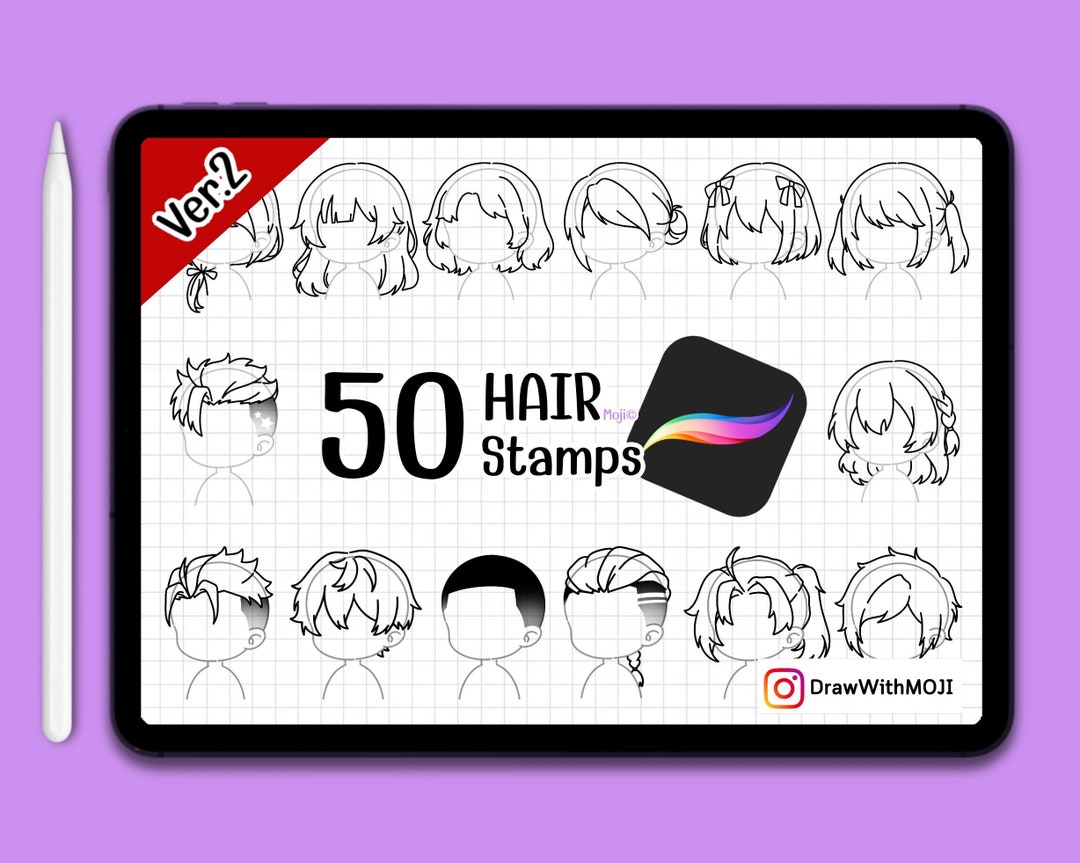 50 Chibi Hair ver.2 Stamps for Procreate, Character, Anime, Figure ...
