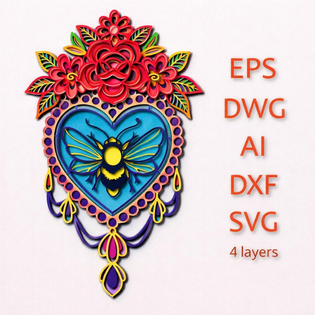 Bee Heart SVG Cut File: Floral Laser Cut Template, Boho Wall Art ...
