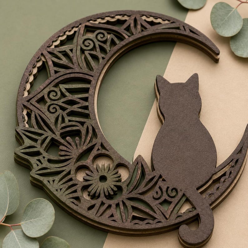 Cat on Moon Shadow Box SVG | Multilayer Laser Cut File | Cat on Moon ...