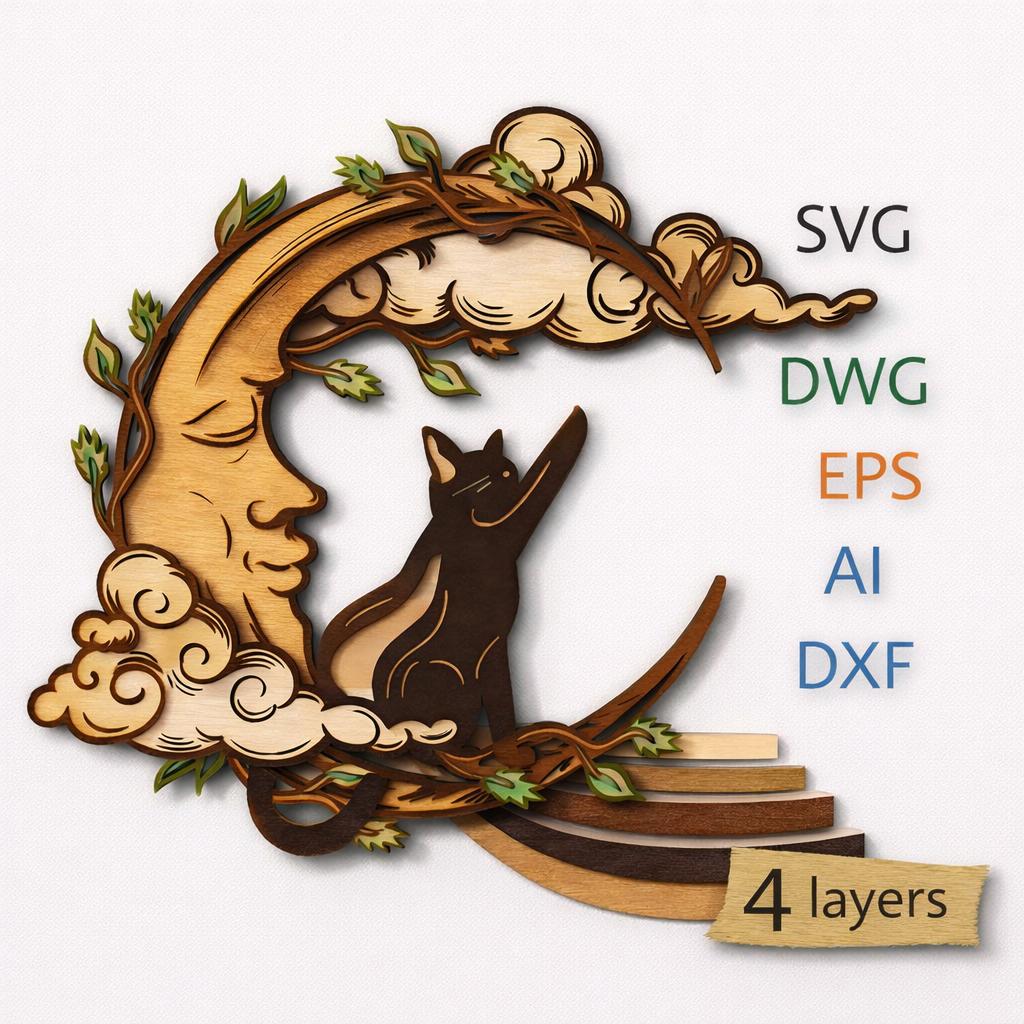 Cat on Moon Mandala SVG: Multilayer Laser Cut File (digital Download ...