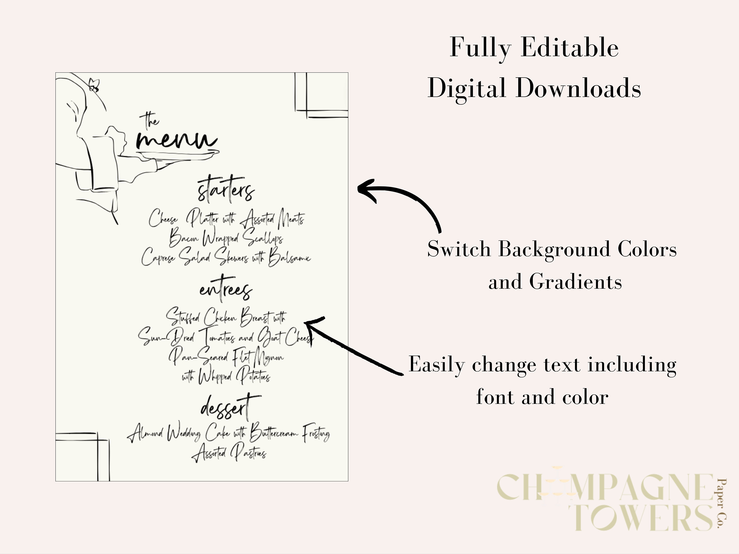 Wedding Dinner Menu With Hand-drawn Details, Editable Wedding Templates ...