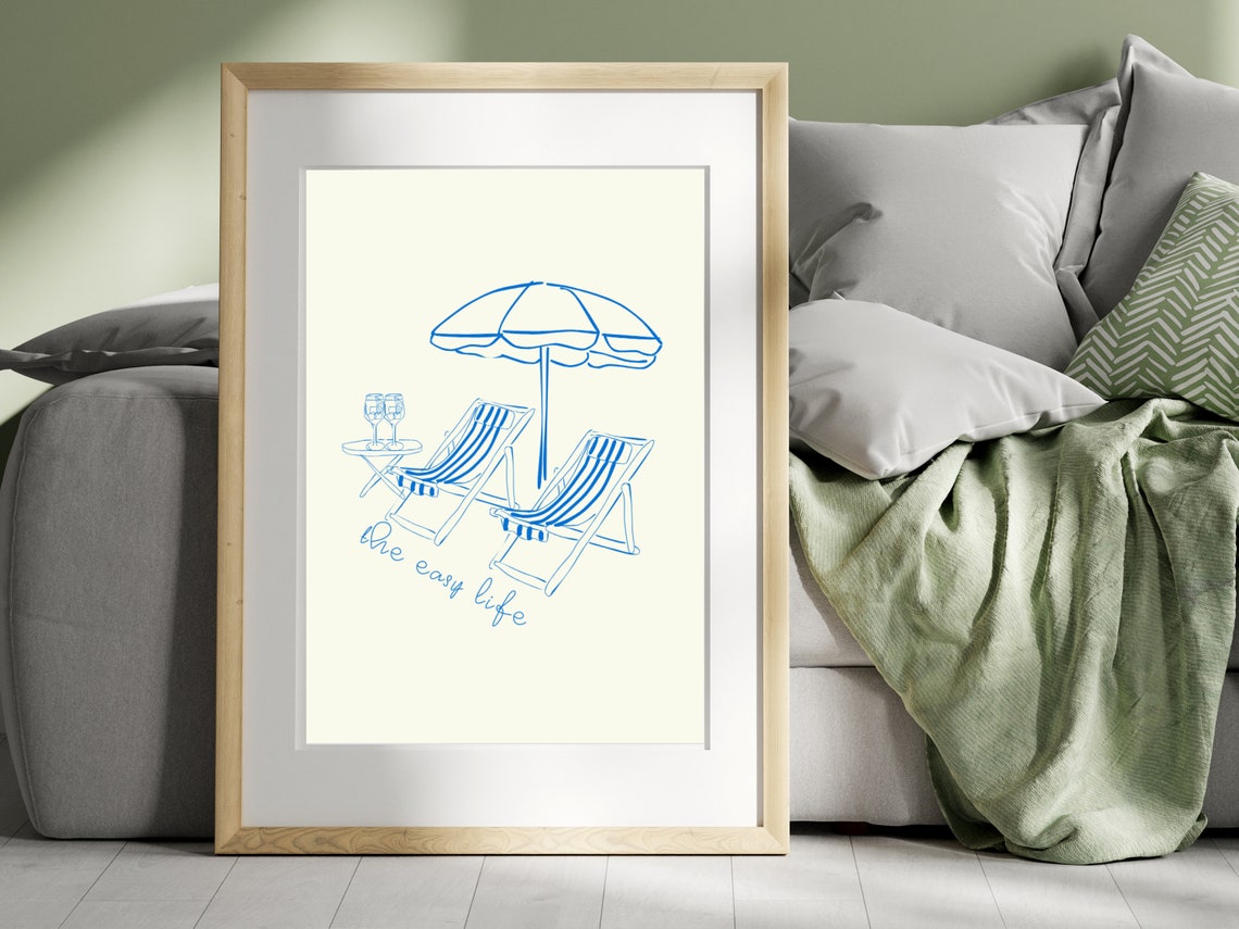 Set of 2 Italy Beach Posters, Beach Poster With Beach Chairs, Umbrella ...