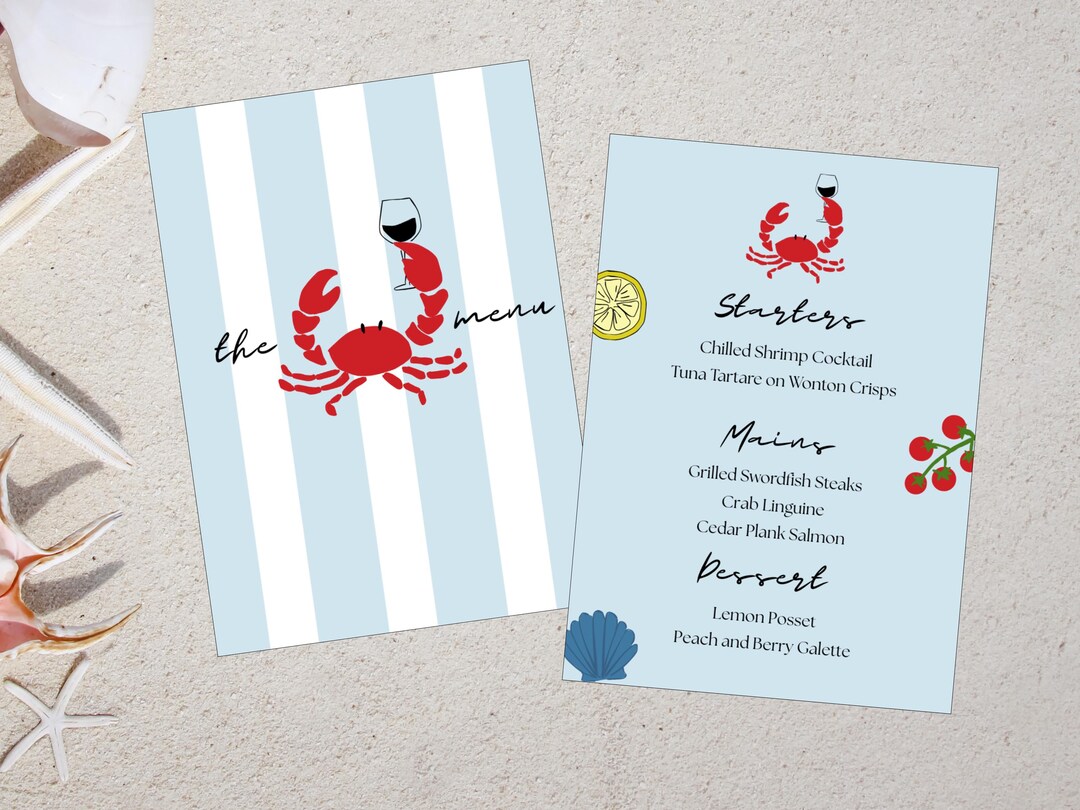 Crab Dinner Menu Template, Seafood Menu, Editable Wedding and Event ...