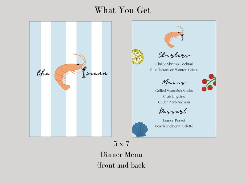Shrimp Dinner Menu Template, Seafood Menu, Editable Wedding and Event ...