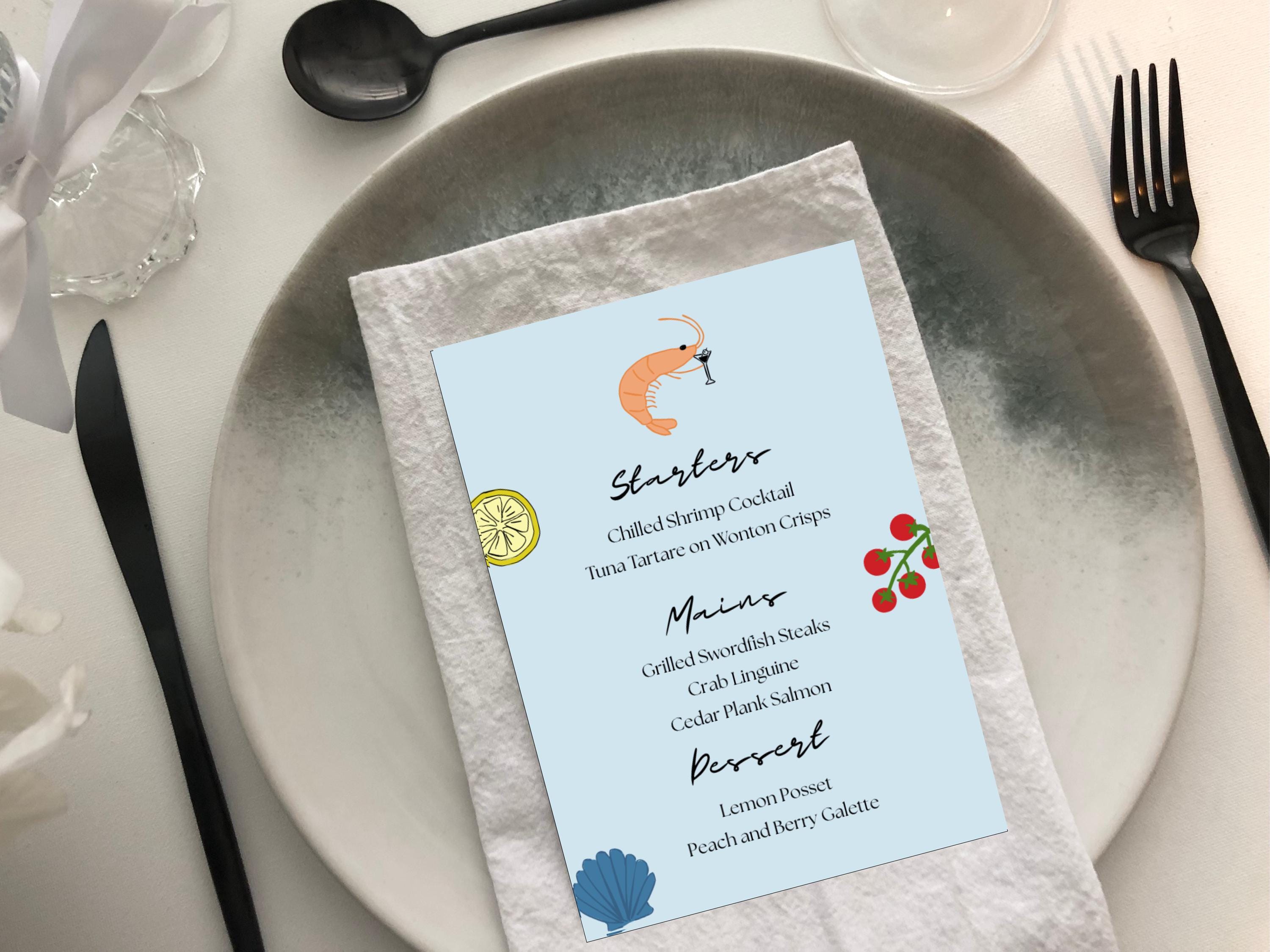 Shrimp Dinner Menu Template, Seafood Menu, Editable Wedding and Event ...