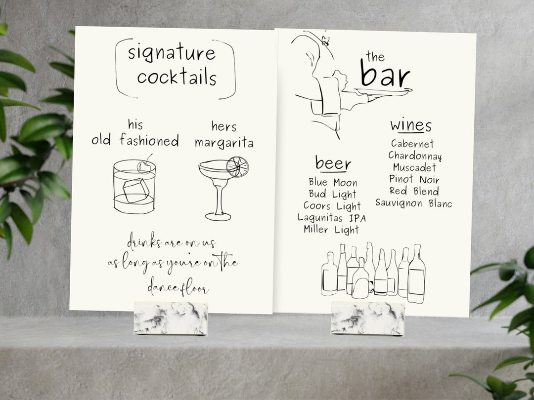 Wedding Bar and Cocktails Signs With Hand-drawn Details, Editable Event ...