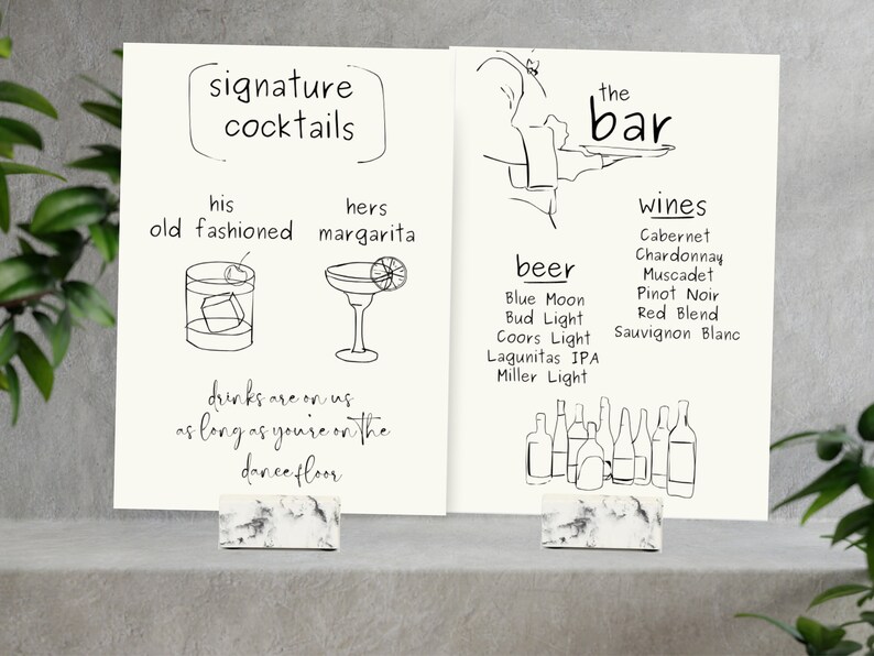 Wedding Bar and Cocktails Signs With Hand-drawn Details, Editable Event ...