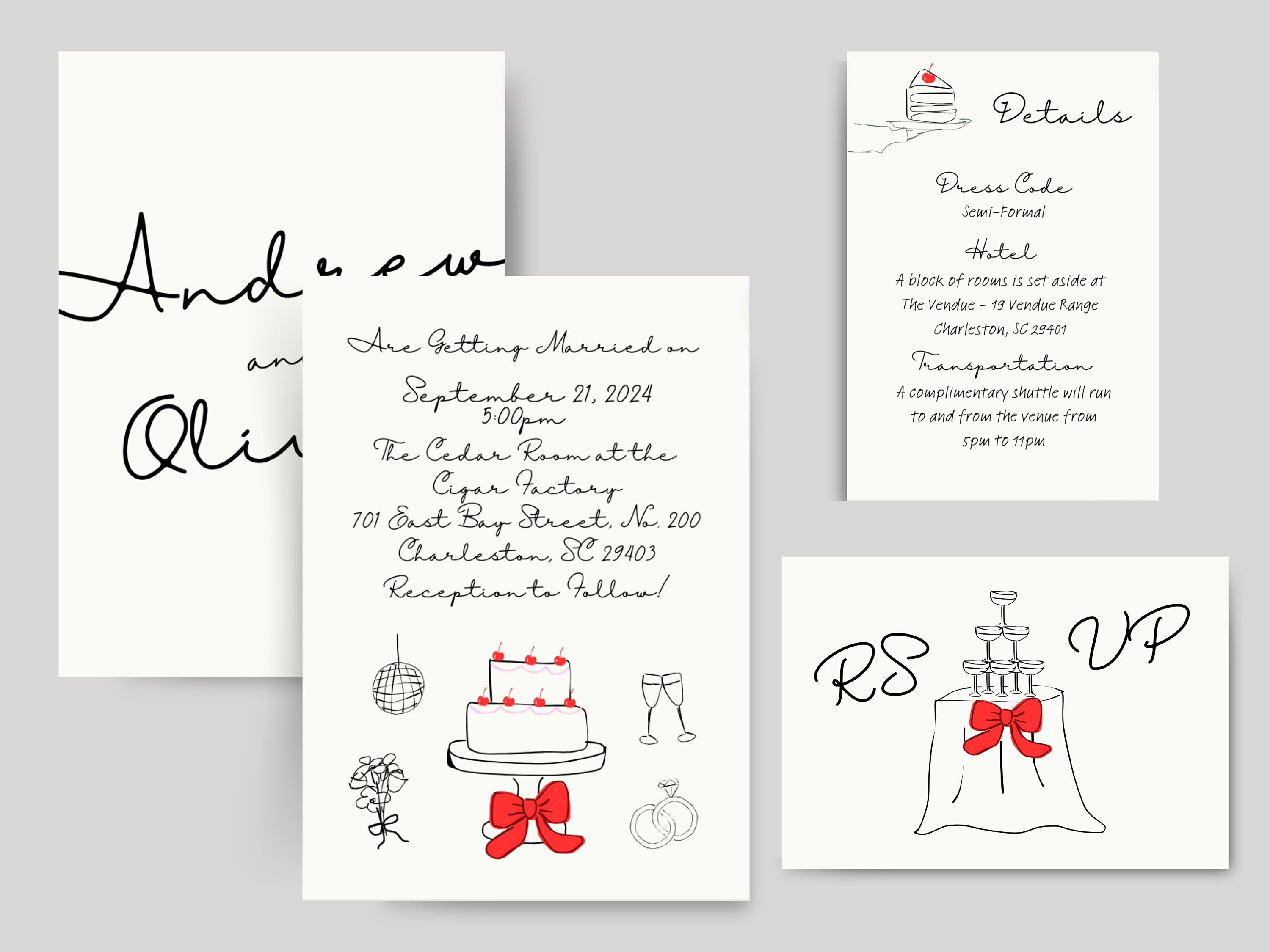 Cherry Cake and Bows Wedding Invitation Suite, Printable Wedding ...