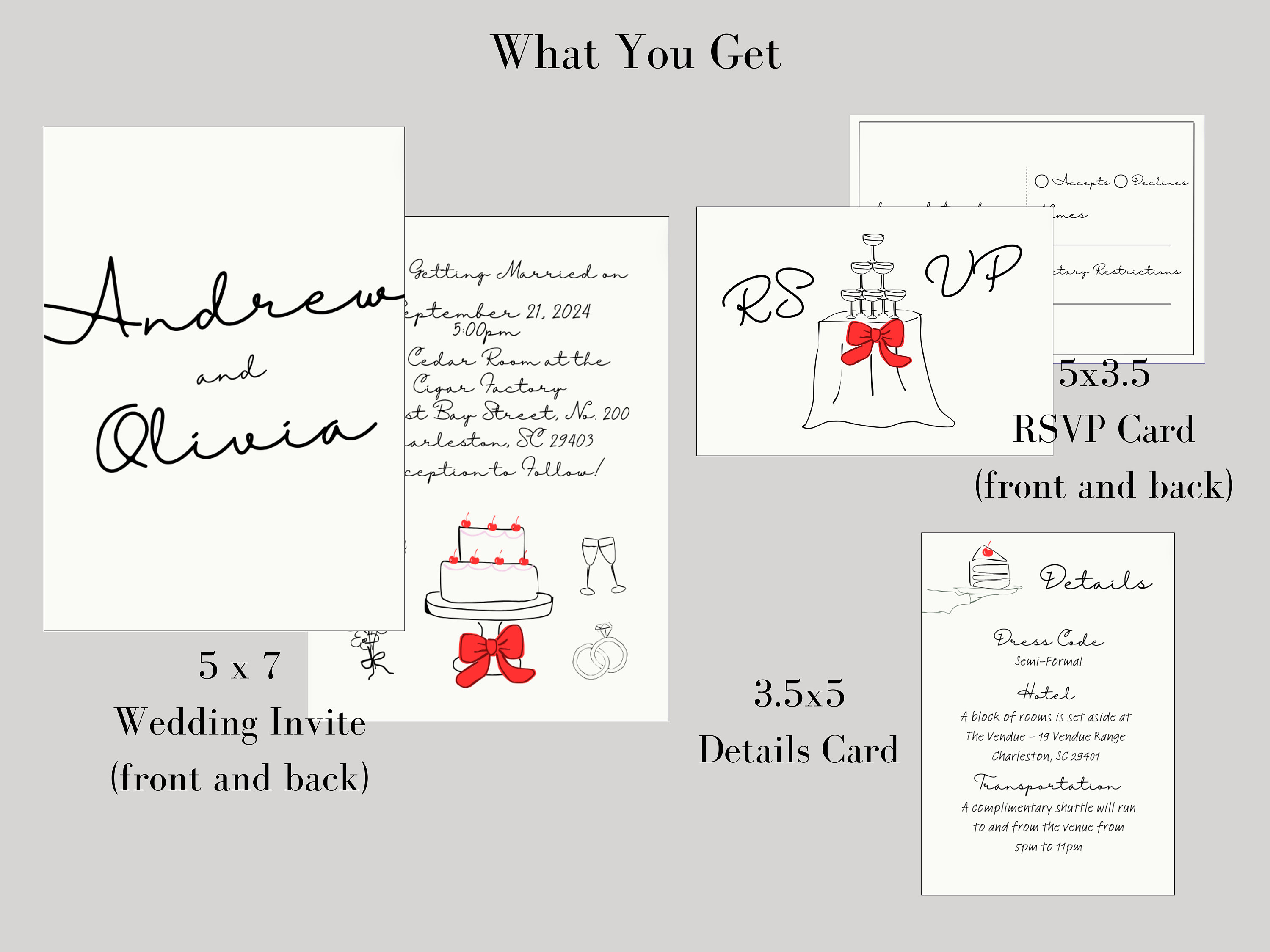 Cherry Cake and Bows Wedding Invitation Suite, Printable Wedding ...