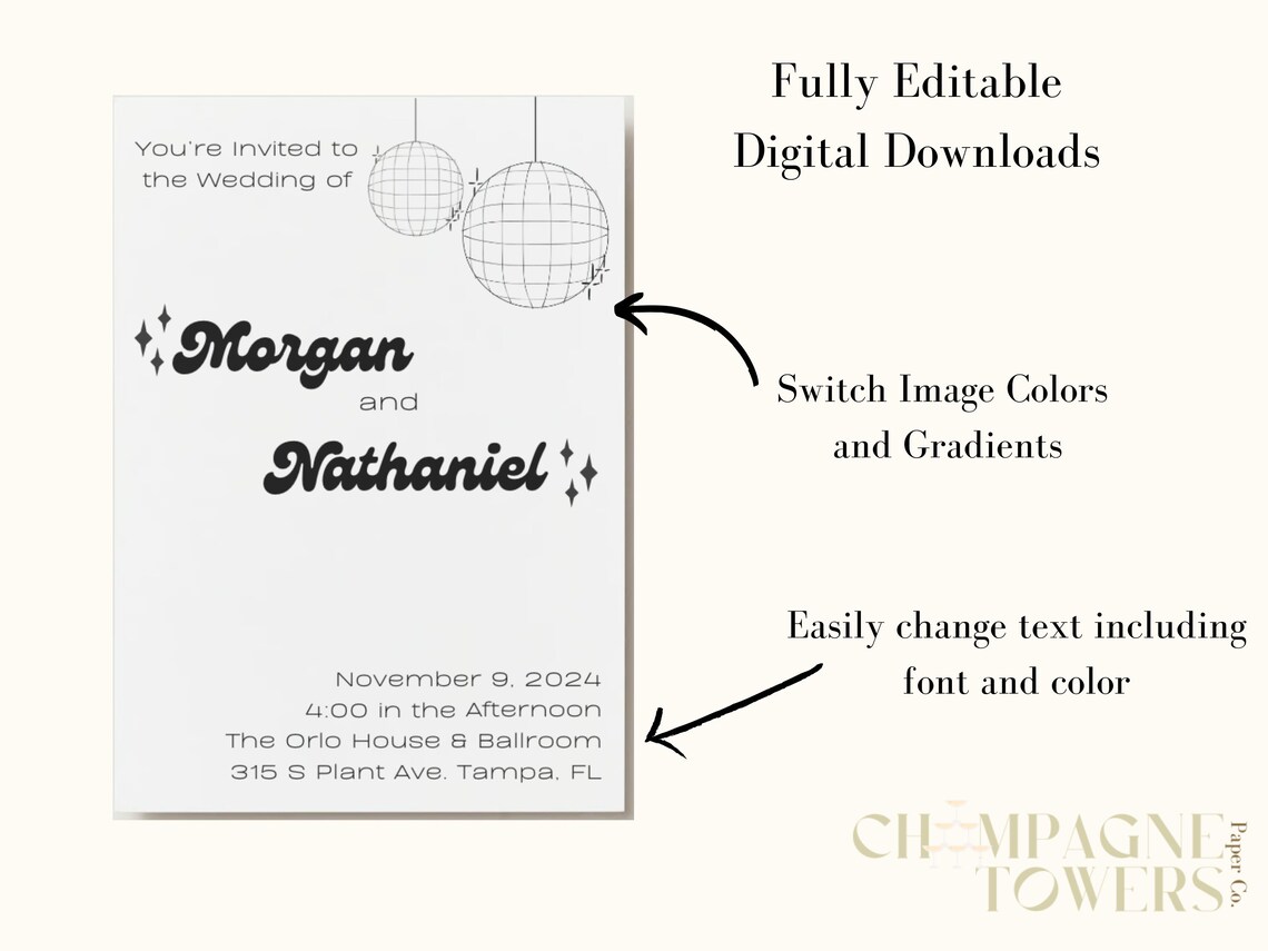 Disco Ball Wedding Invitation Suite, Editable Wedding Templates, Modern ...