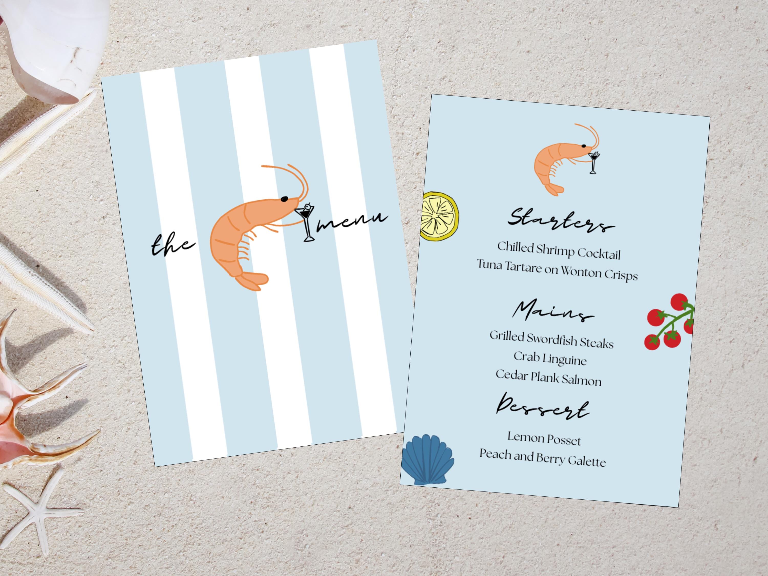 Shrimp Dinner Menu Template, Seafood Menu, Editable Wedding and Event ...