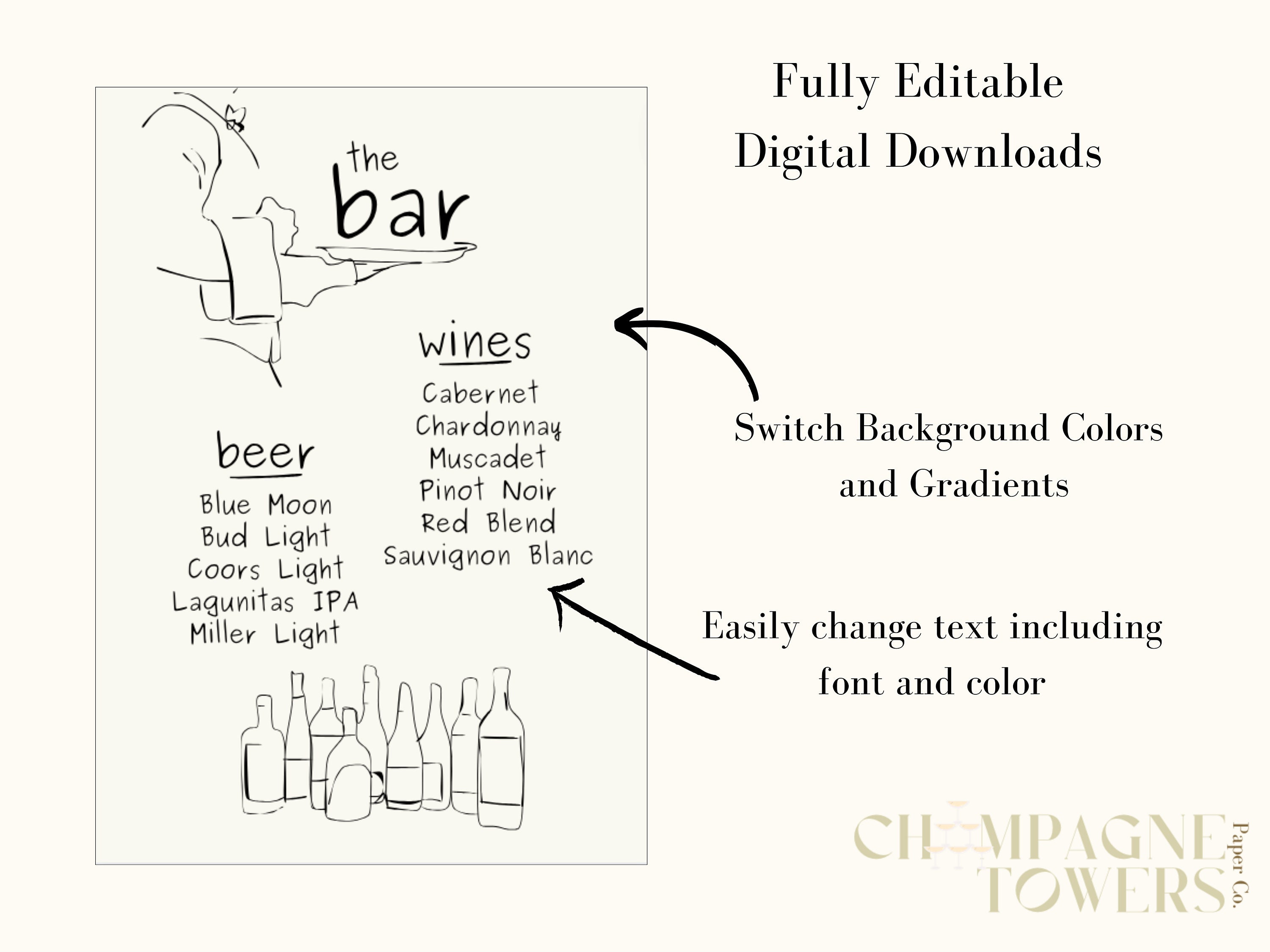 Wedding Bar and Cocktails Signs With Hand-drawn Details, Editable Event ...