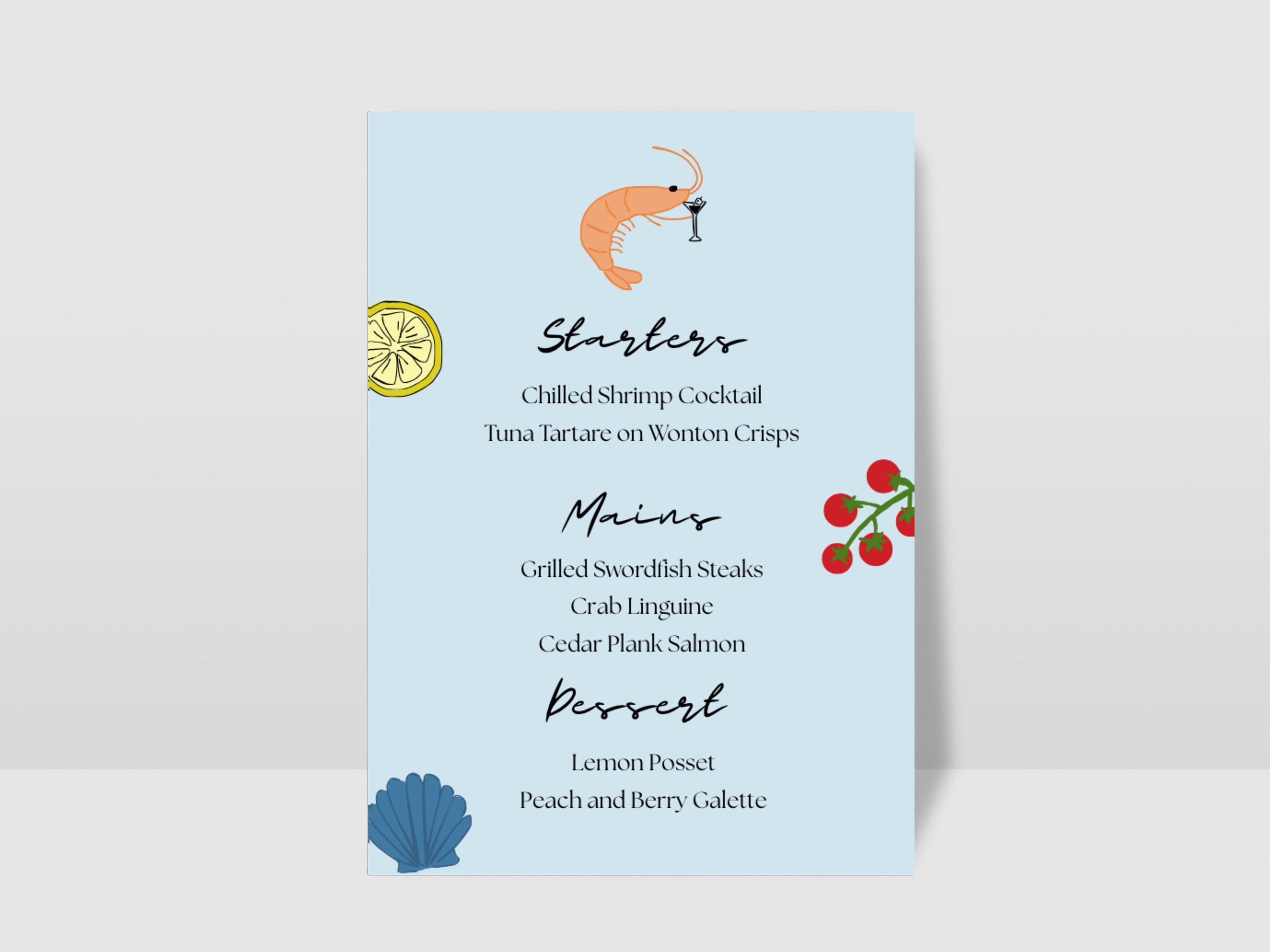 Shrimp Dinner Menu Template, Seafood Menu, Editable Wedding and Event ...