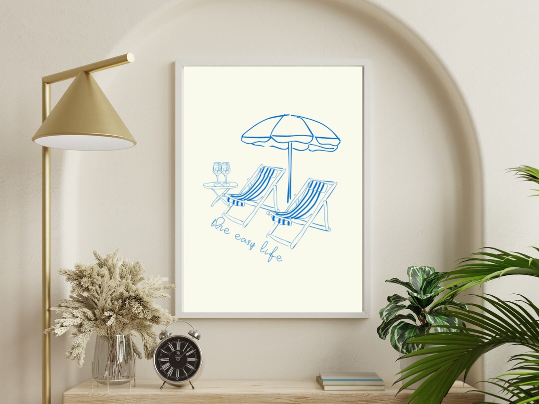 Set of 2 Italy Beach Posters, Beach Poster With Beach Chairs, Umbrella ...