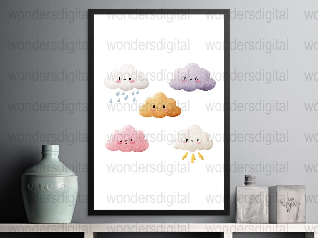 Cute Cloud Digital Clipart, Weather Illustration, Kawaii Clouds, Rainy ...