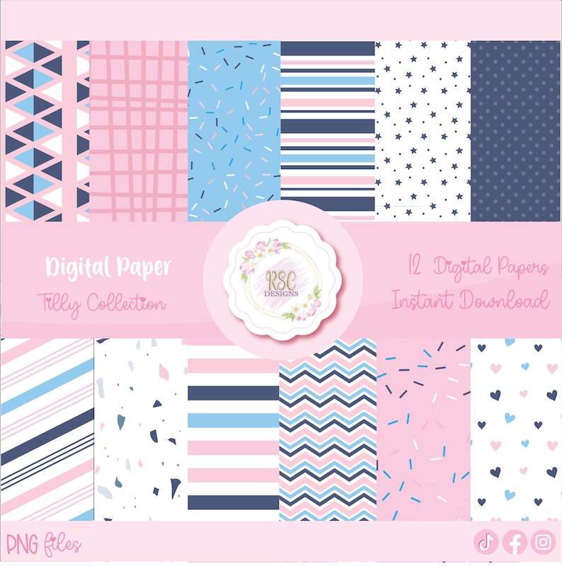 Navy and Pink Digital Paper Bundle - Etsy