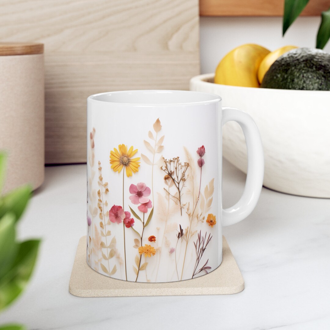 Pressed Flowers Mug, Boho Wildflowers Cottagecore Coffee Mug, Flower ...