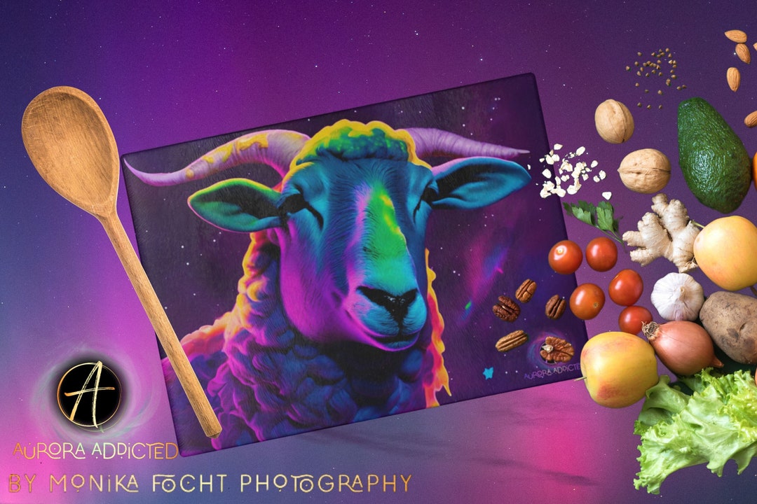 Aurora Addicted Sheep Glass Cutting Board by Monika Focht ,sheep Aurora ...