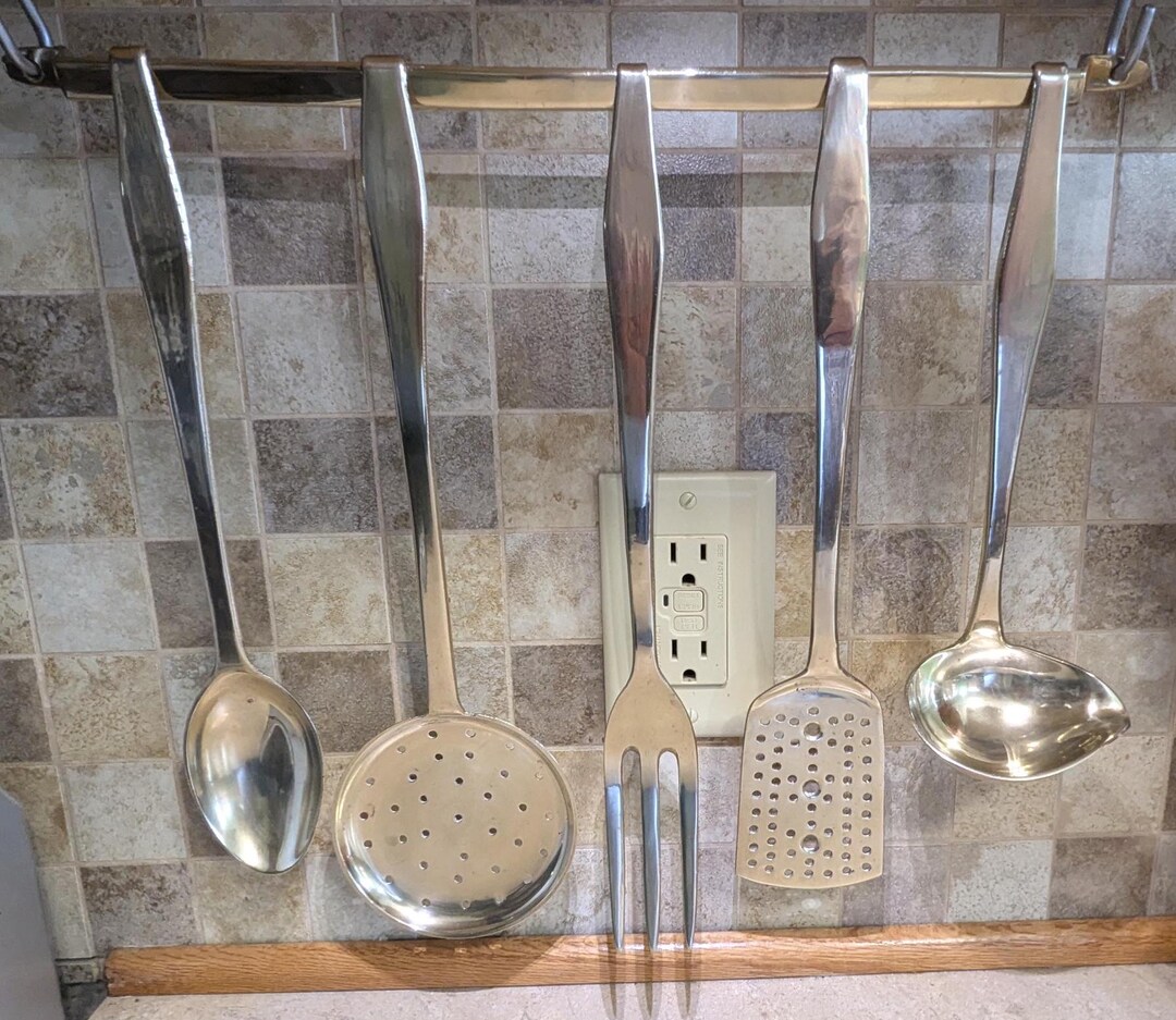 Vintage, Set of 5 Brass Kitchen Utensils With Rack - Etsy