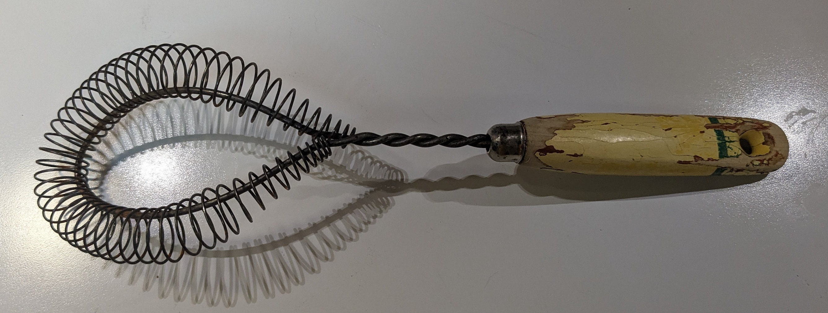 Vintage, Utensil, Twisted Coiled Whisk, Stainless Steel, Yellow Wooden ...
