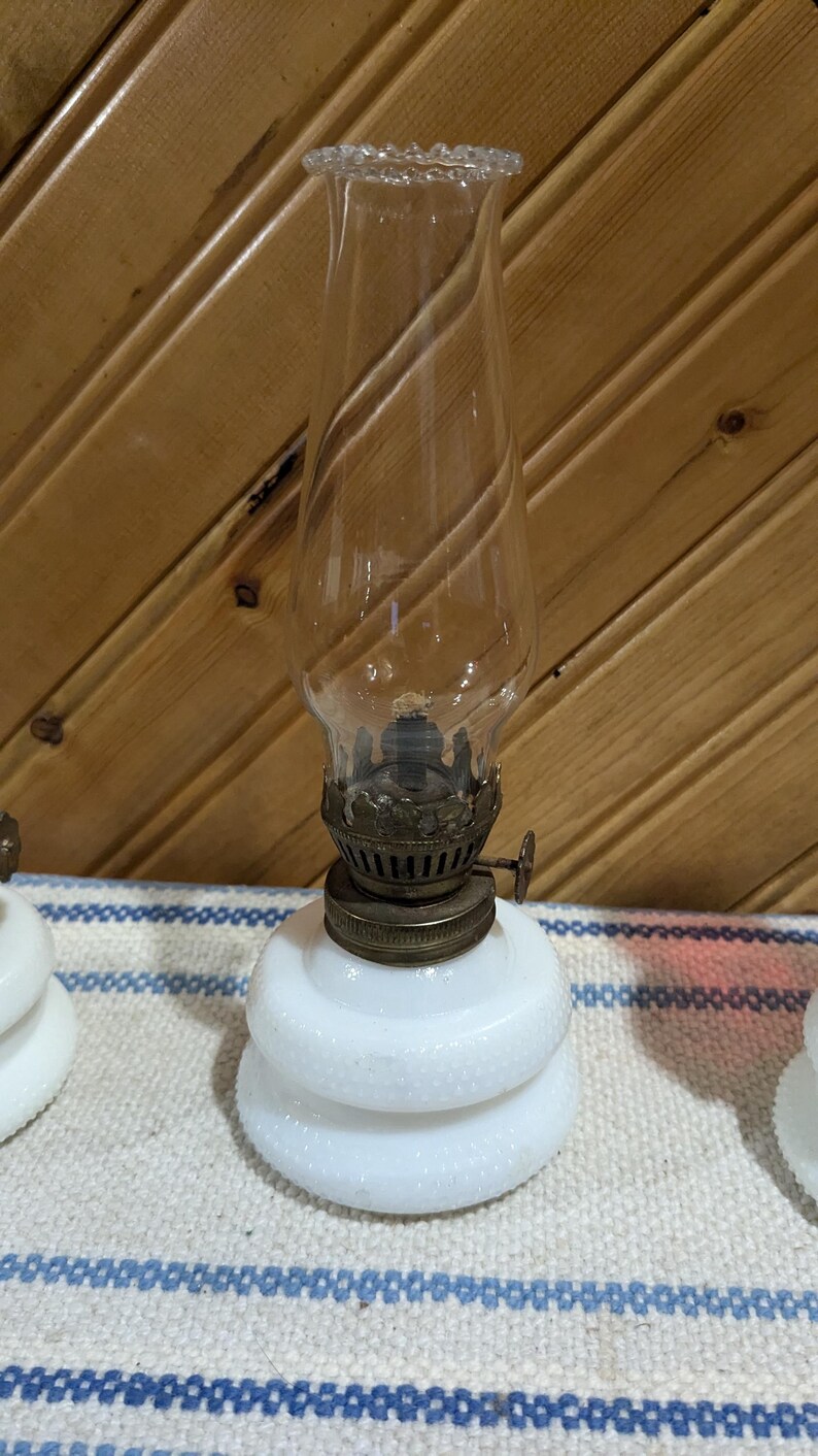 Vintage, Miniature, Milk Glass Base, Oil Lamps, With Red, and Clear ...